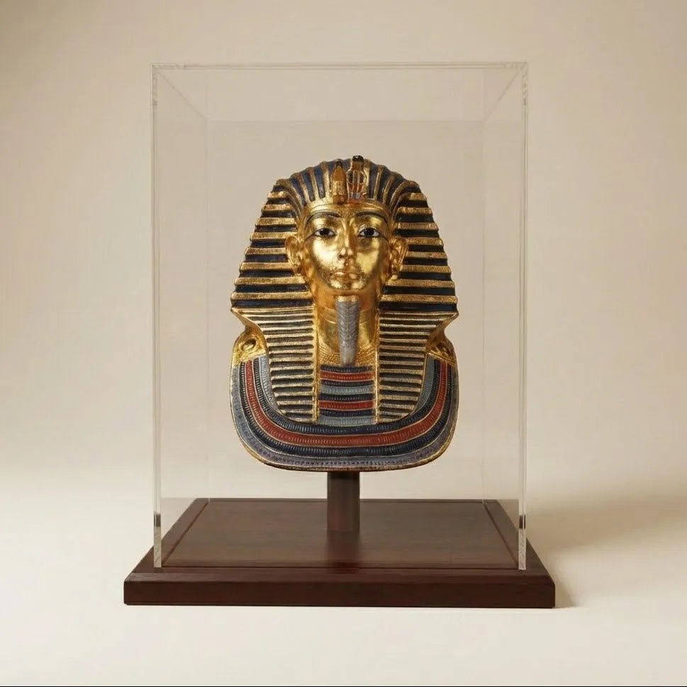 Tutankhamun Mask Plexiglass Cover with Wooden Base 28cm – Nile & Stone